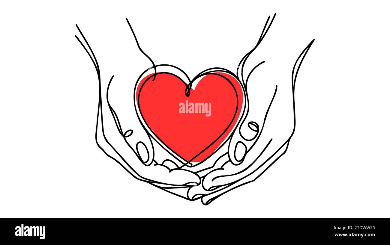 Continuous one line drawing arms holding heart. Charity donation linear ...
