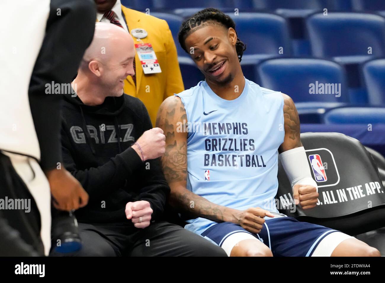 Memphis Grizzlies guard Ja Morant talks to assistant coach Blake Ahearn ...