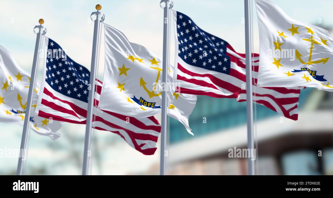 Rhode Island state flag waving with the american flag. Gold anchor in ...