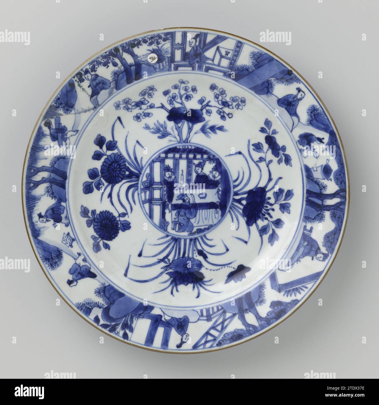 Plate with flower sprays and figures in an interior and in a landscape ...