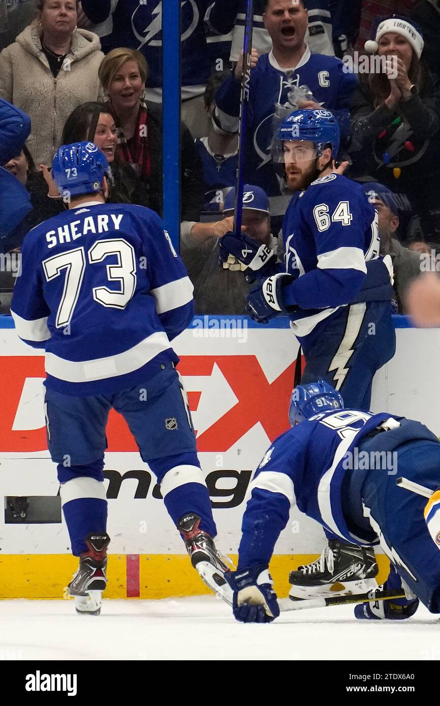Tampa Bay Lightning center Tyler Motte (64) celebrates his goal against ...
