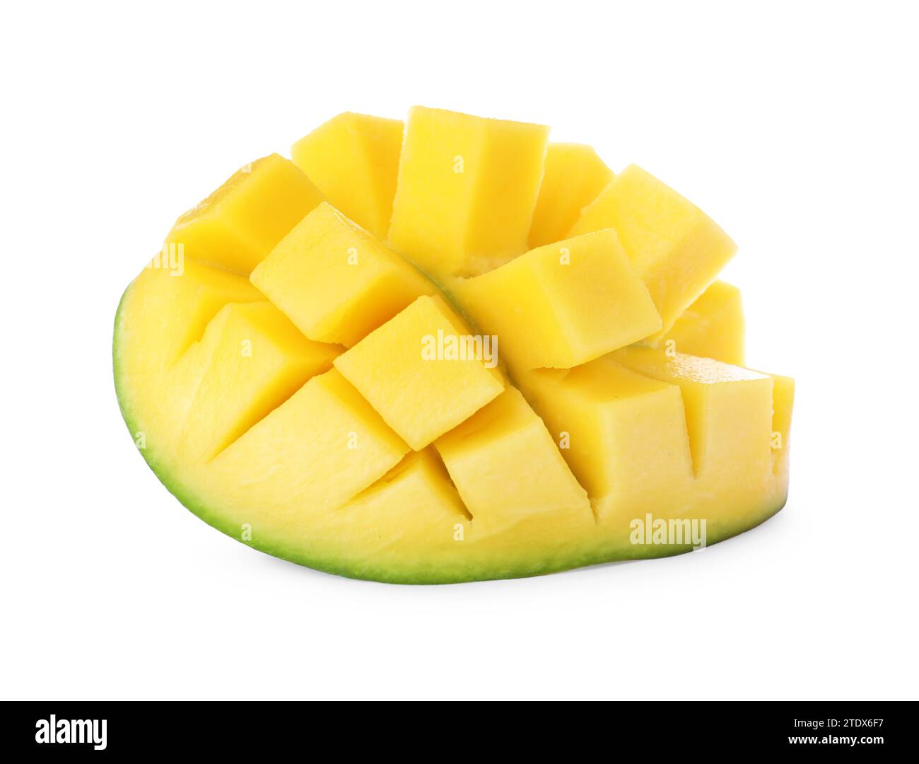 Half of ripe mango cut into cubes isolated on white Stock Photo - Alamy