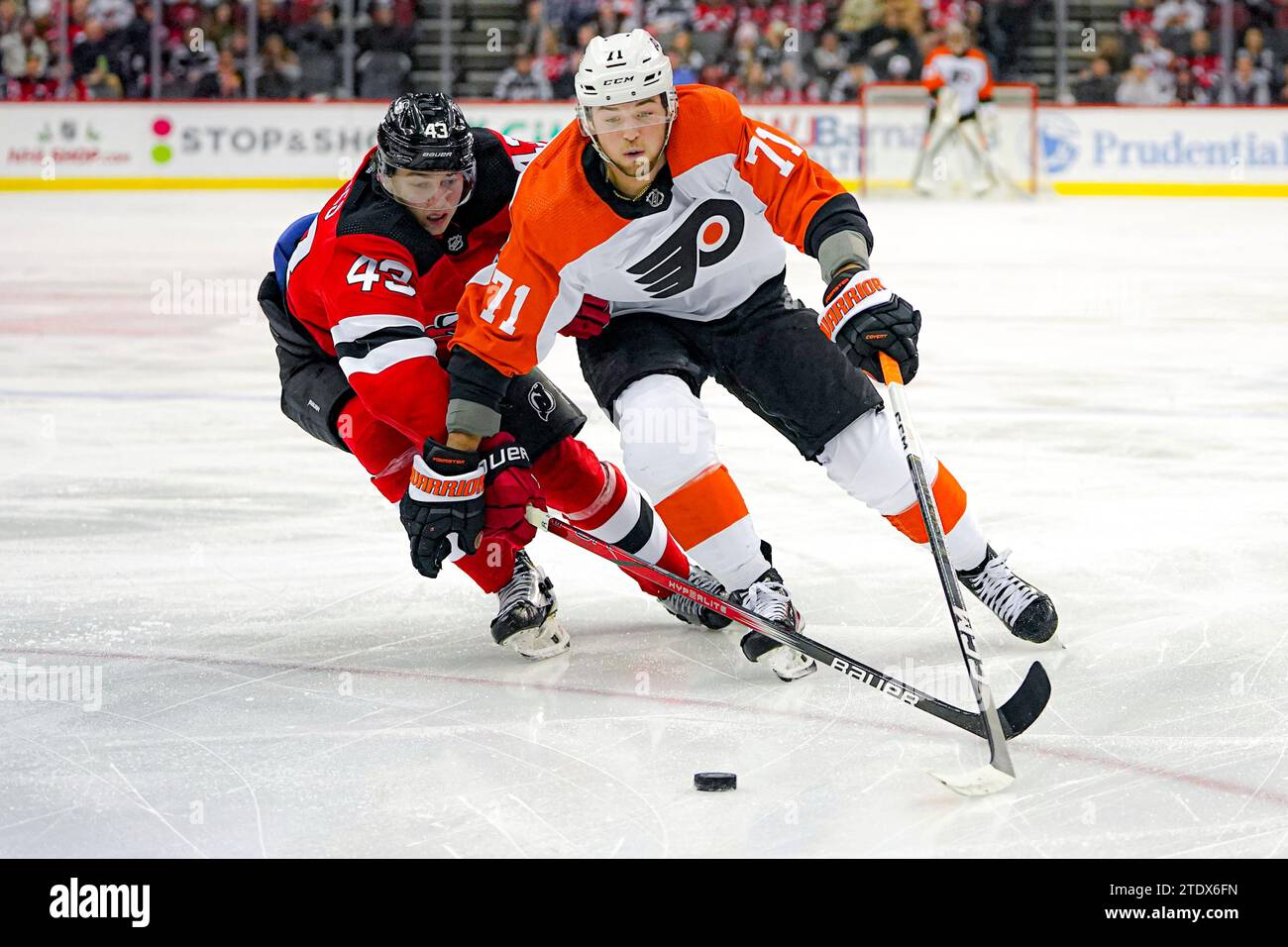 New Jersey Devils defenseman Luke Hughes (43) defends Philadelphia ...