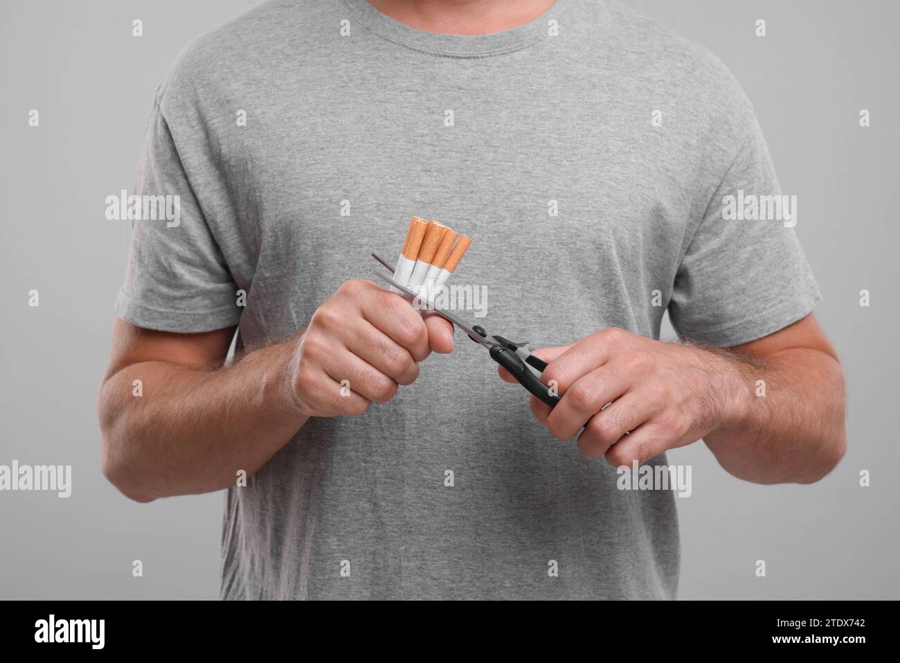 Stop smoking concept. Man cutting cigarettes on grey background ...