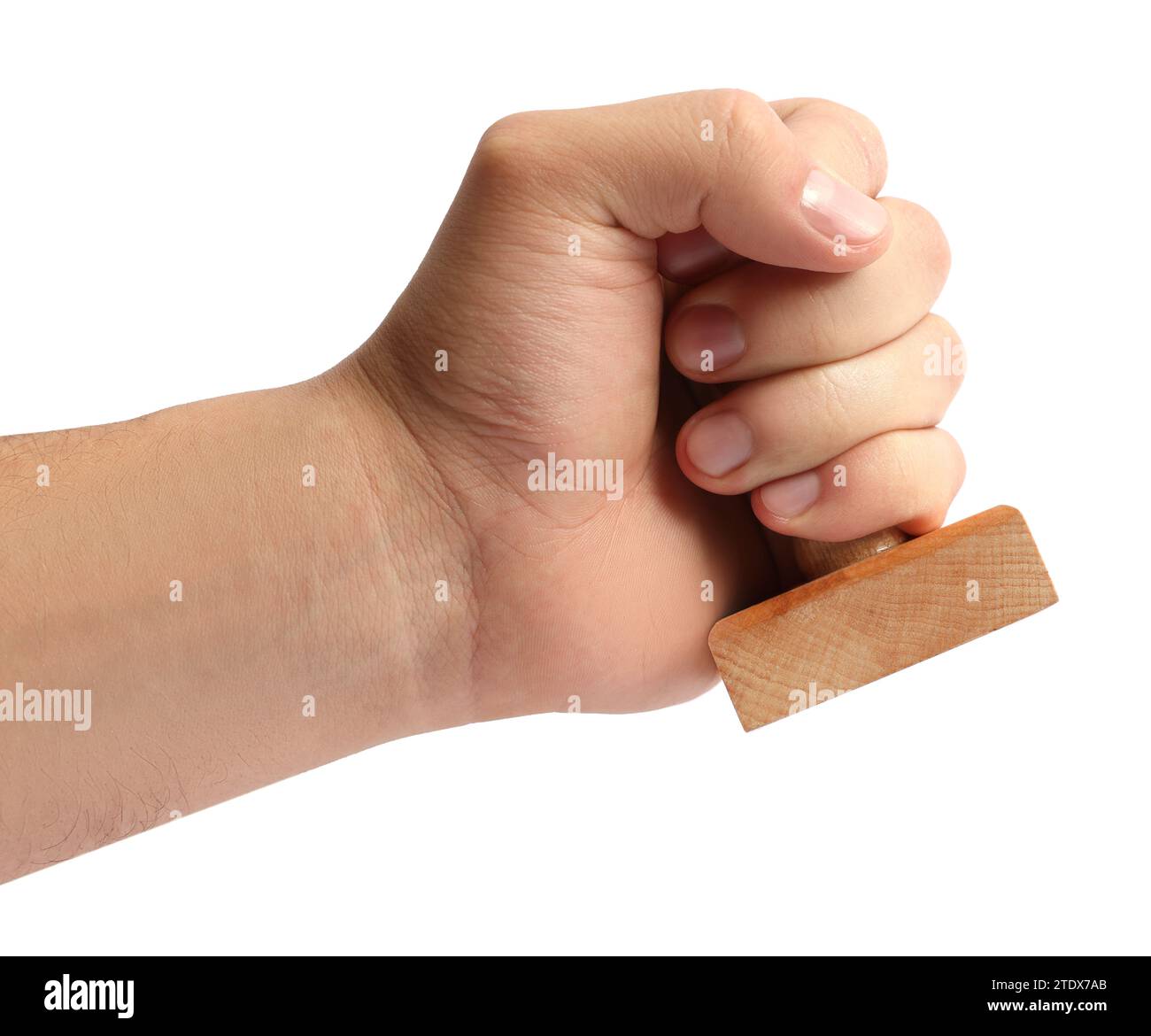 Man with wooden stamp tool on white background, closeup Stock Photo - Alamy