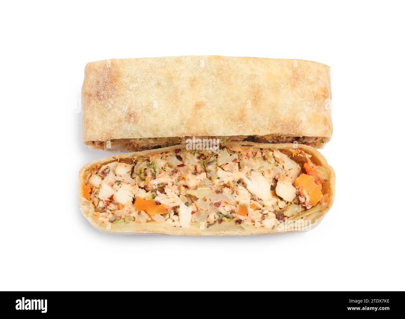 Pieces of tasty strudel with chicken and vegetables isolated on white ...