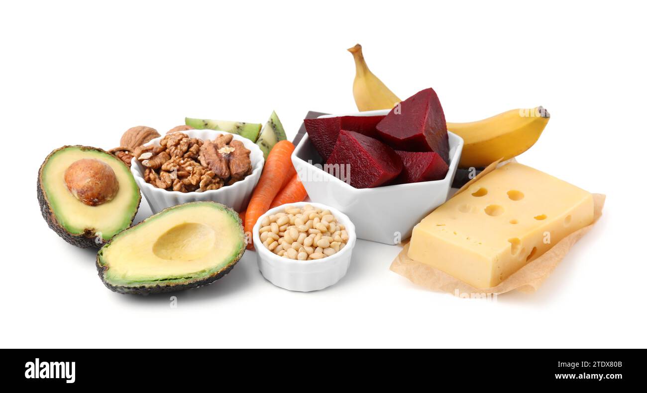 Many different products isolated on white. Natural sources of serotonin ...