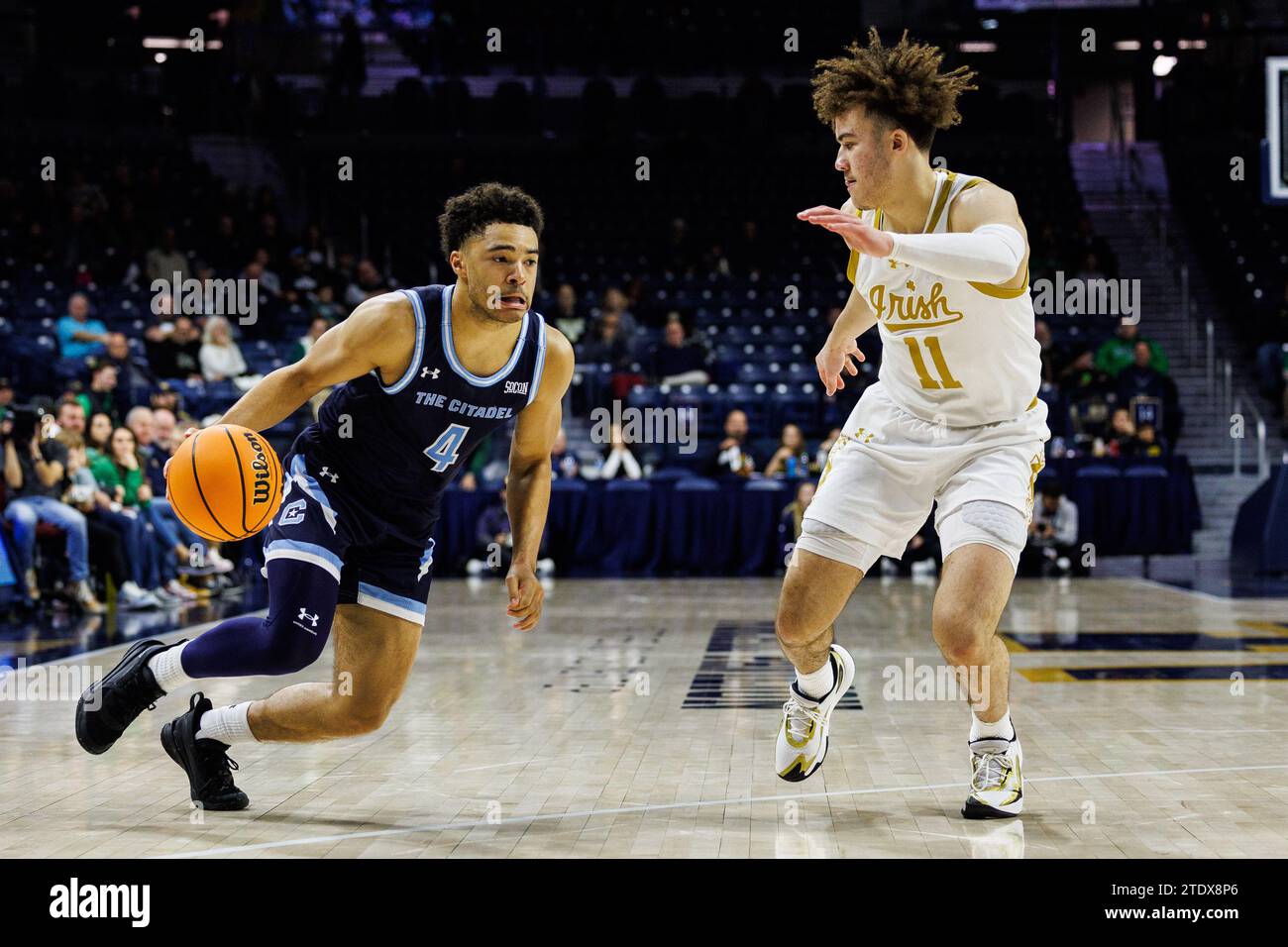 South Bend, Indiana, USA. 19th Dec, 2023. Citadel guard Elijah Morgan (4) drives to the basket ...