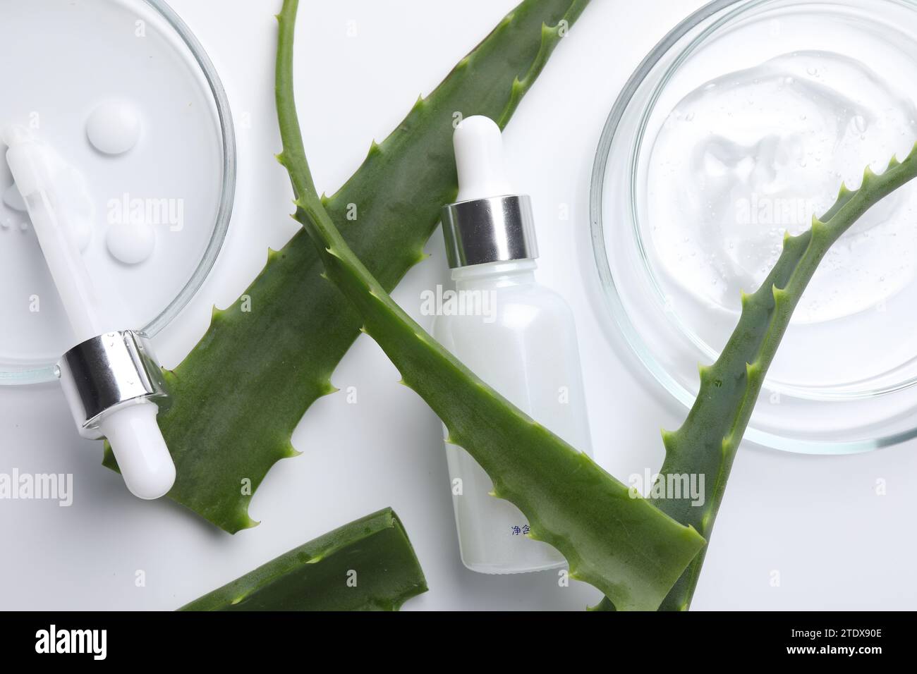 Cosmetic products and aloe vera leaves on white background, flat lay ...