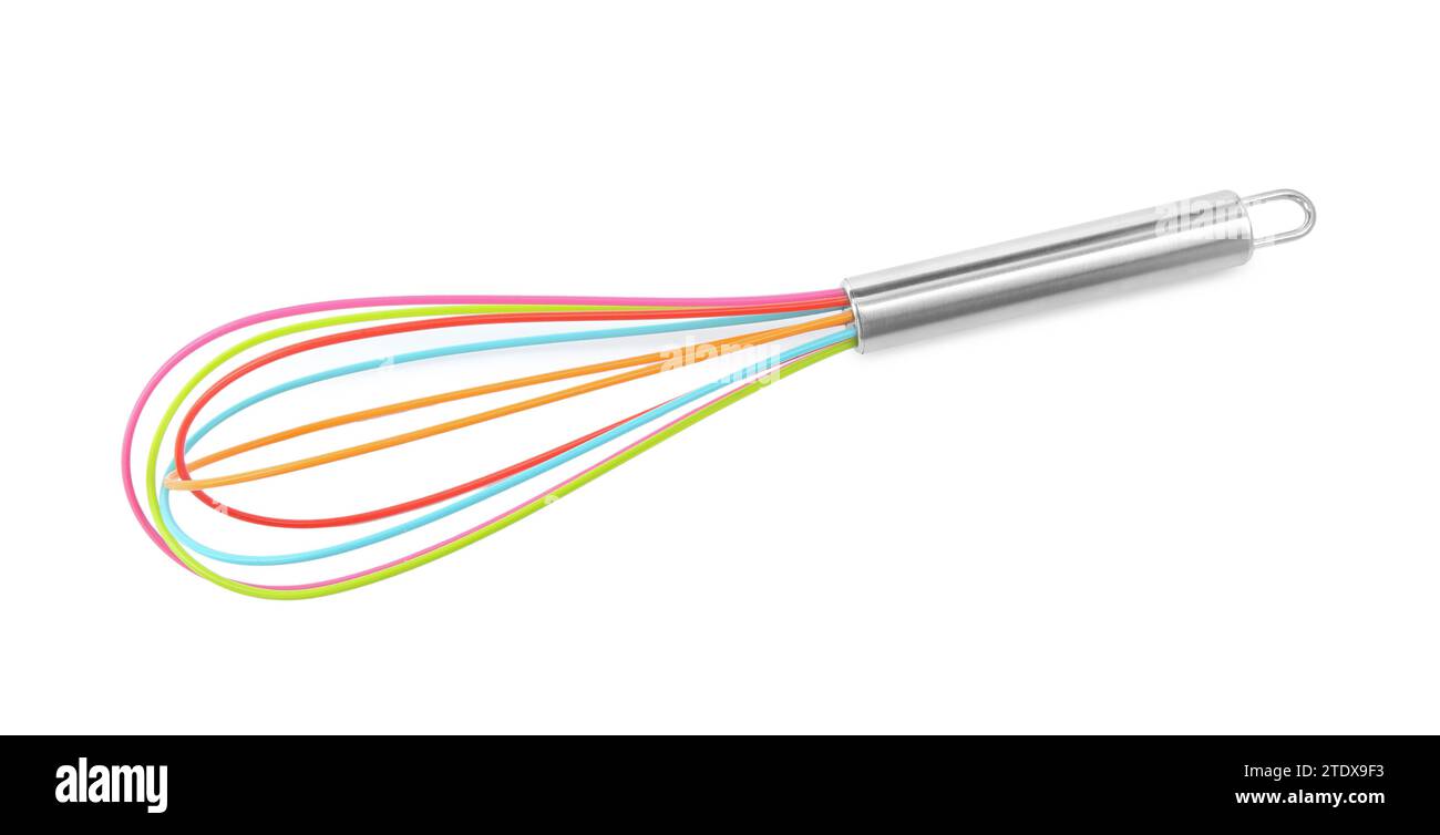 Colorful whisk isolated on white, top view. Kitchen utensil Stock Photo ...