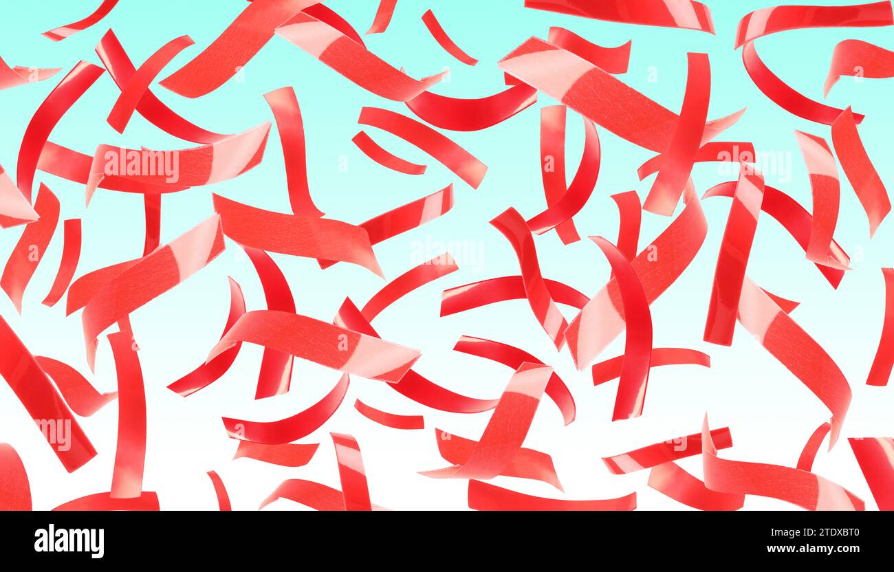 Bright red confetti falling on gradient light blue background. Banner ...