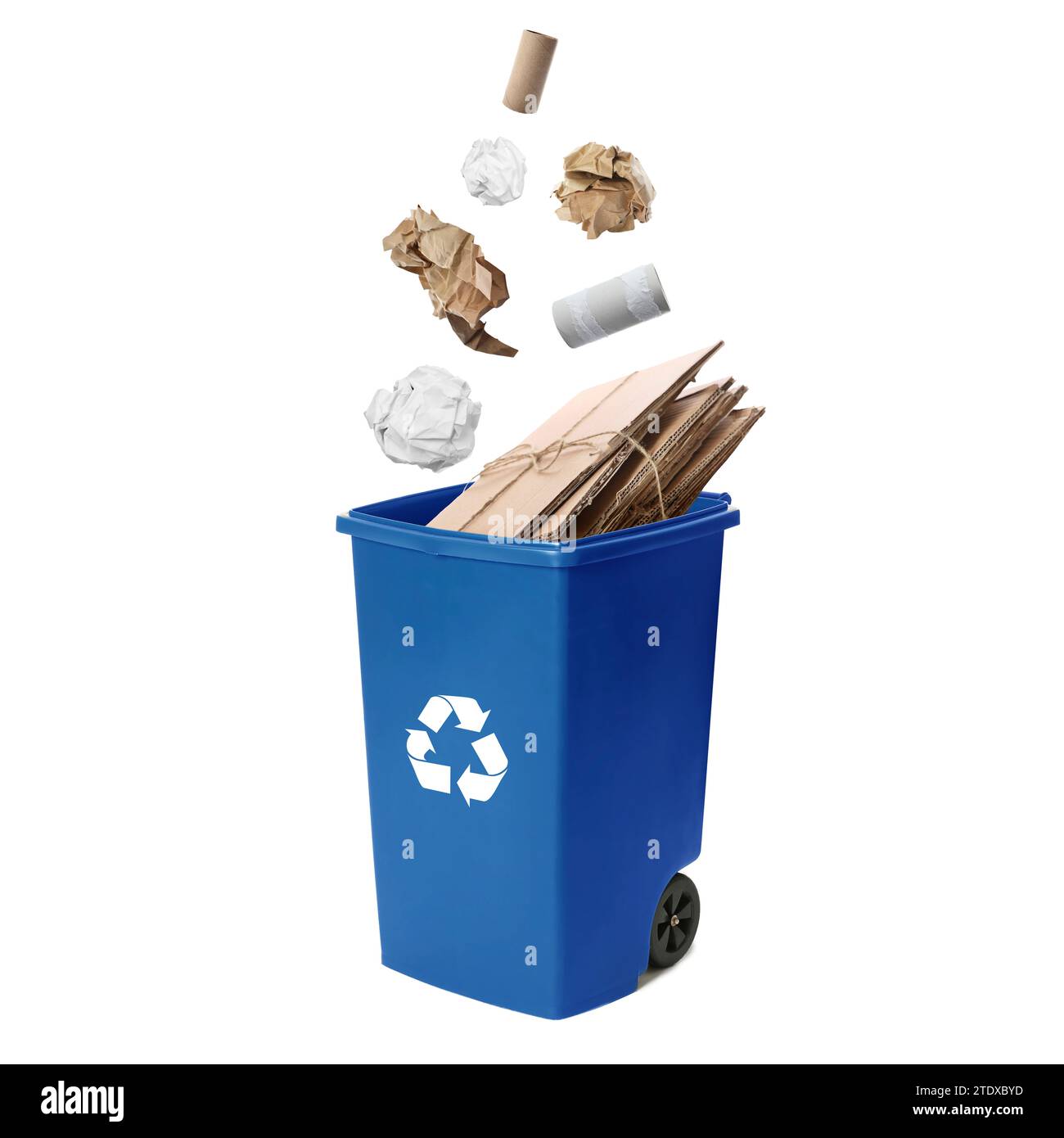 Garbage falling into trash bin on white background Stock Photo - Alamy