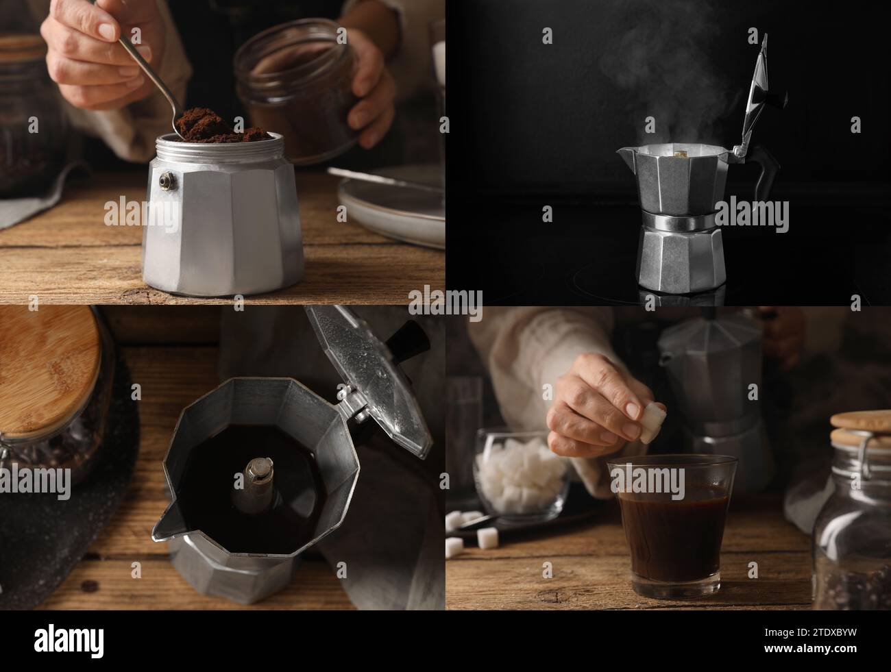 Making coffee with moka pot step-by-step. Collage with photos Stock ...