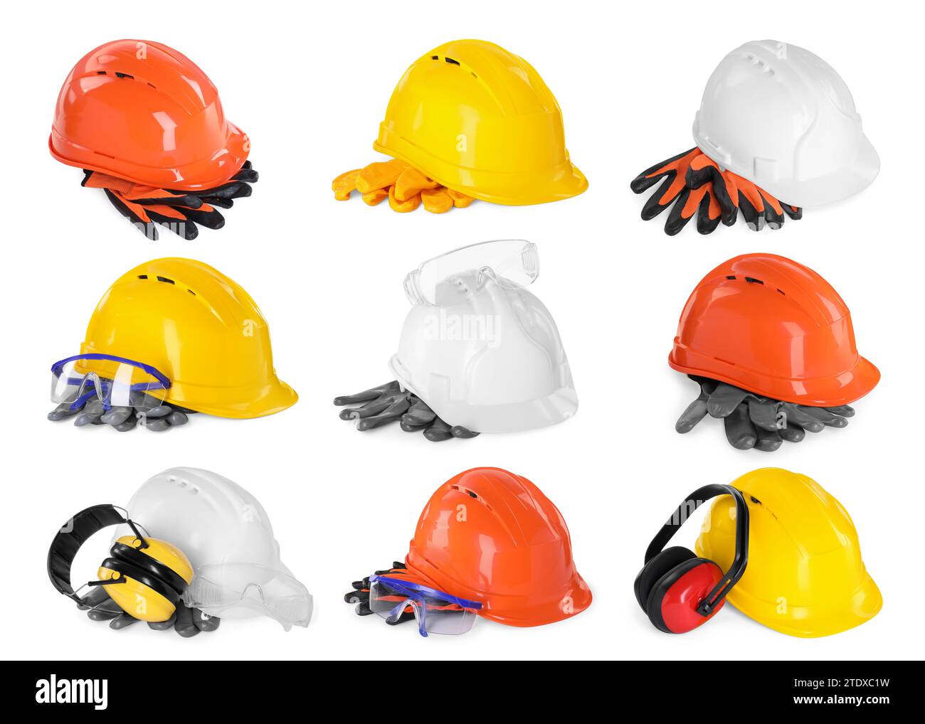 Safety equipment, collection. Hard hats, gloves, protective headphones and goggles isolated on ...