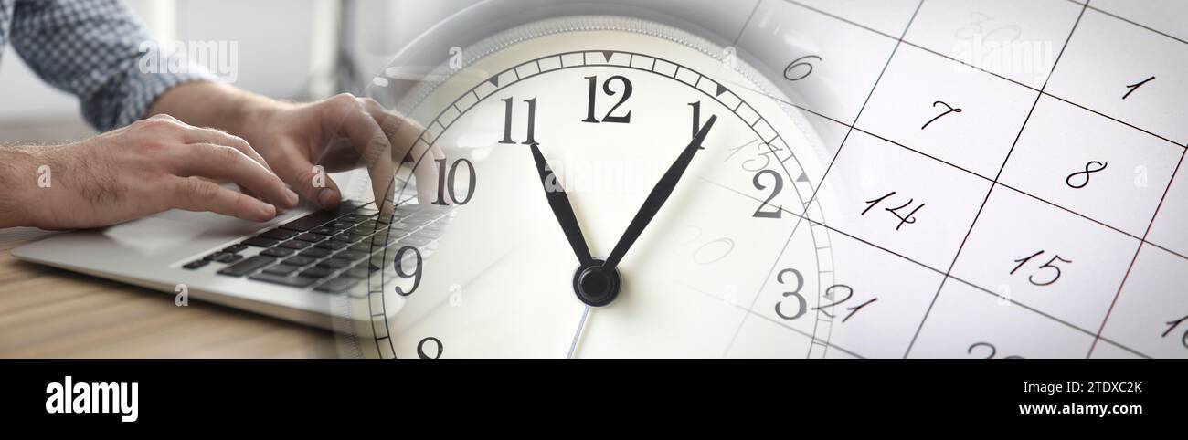 Time concept. Multiple exposure of man working on laptop, clock and ...