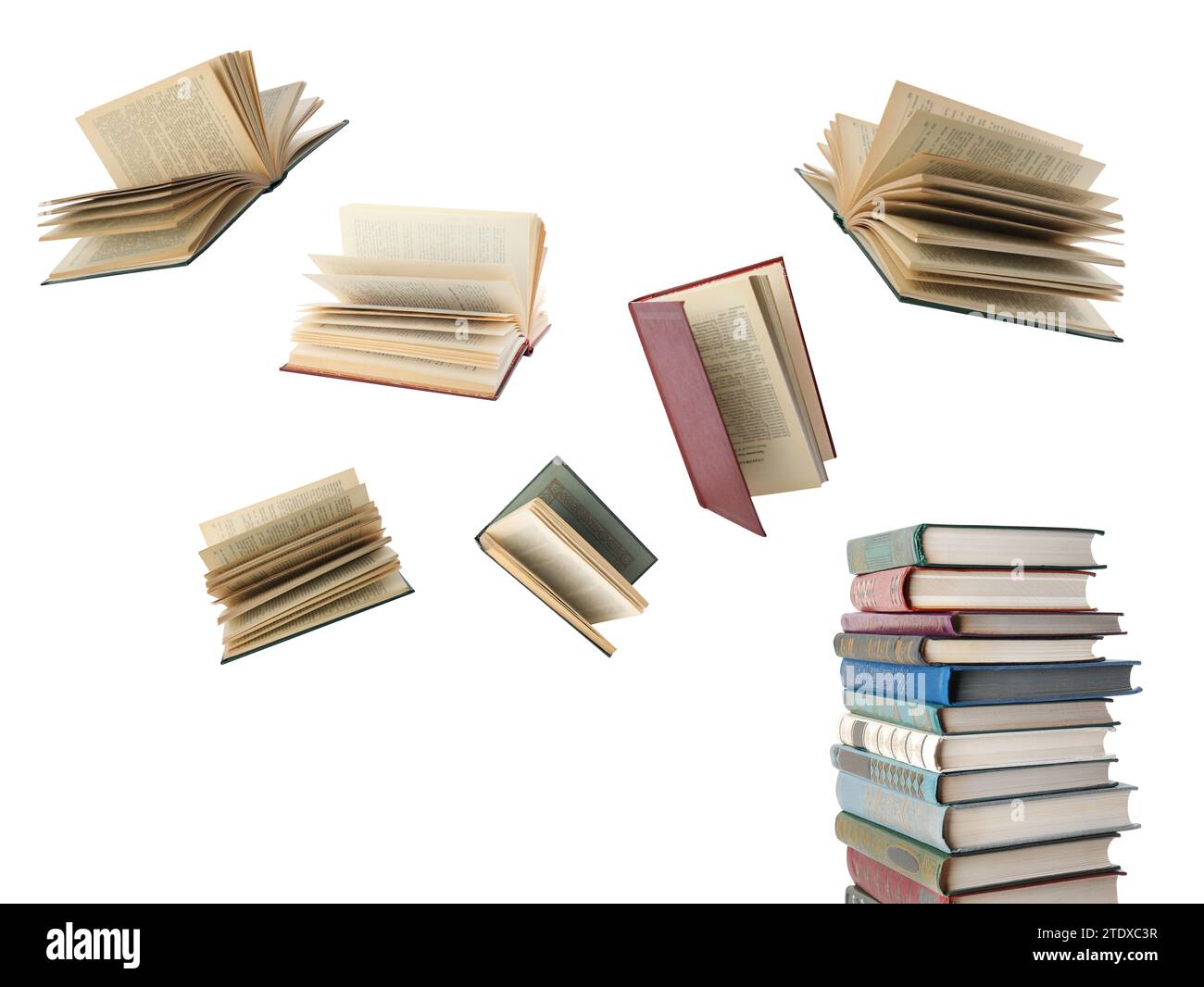 Books flying over stack on white background Stock Photo - Alamy