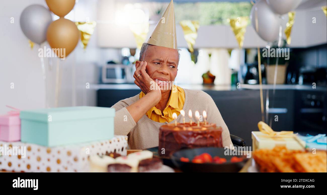 Birthday, thinking and sad senior woman with depression, grief and ...