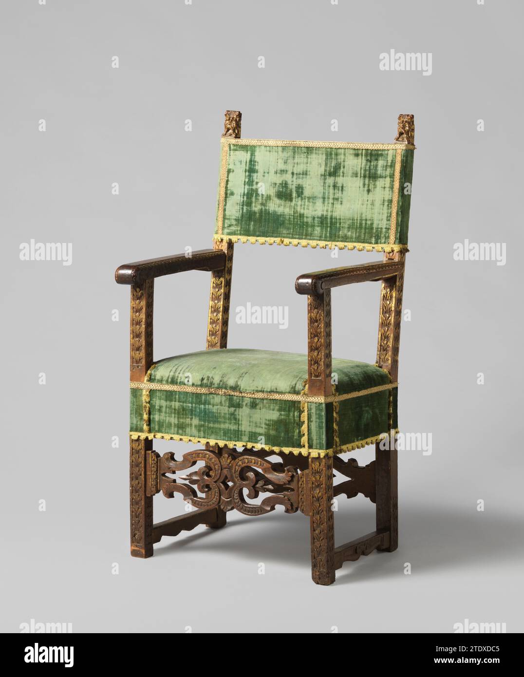 Arm chair of nuthout, covered and resting on square legs, anonymous ...