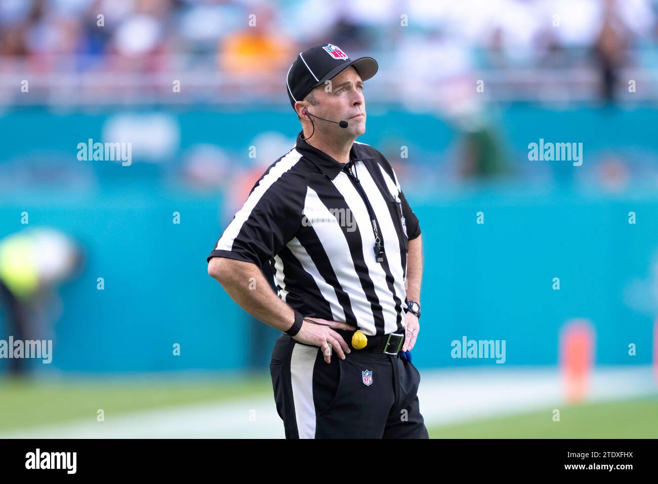 NFL field judge Aaron Santi stands on the field during an NFL football ...