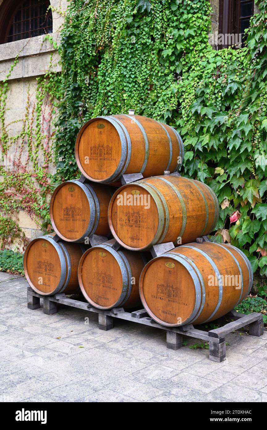 Calistoga, California, USA. Wine barrels outside the ivy-covered ...