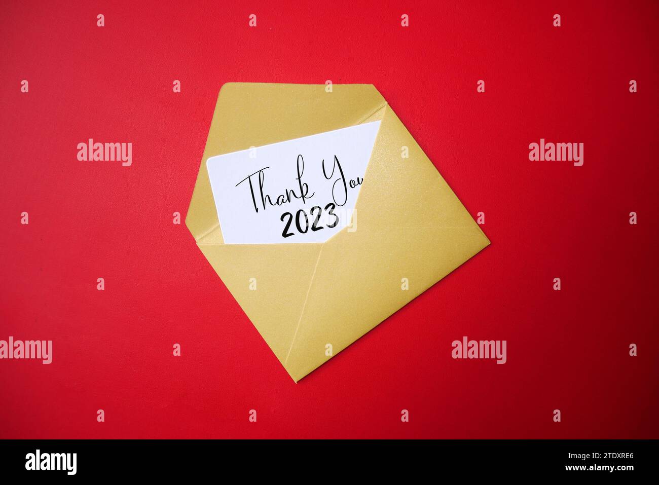 Thank you 2023 card in a white envelope with color background. bye-bye ...