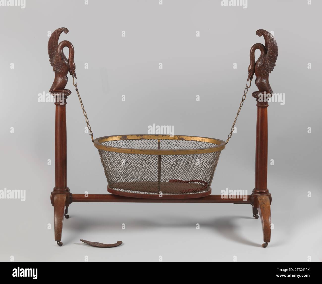 Cradle, oval, from braided copper wire with frame of wood, hanging on ...