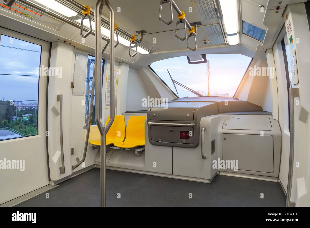 Public transport. Empty interior of the city train mono rail on ...
