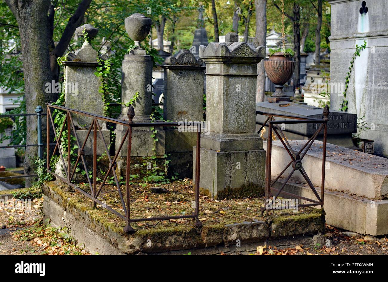 A grouping of stone monuments in a fenced burial plot at Paris ...