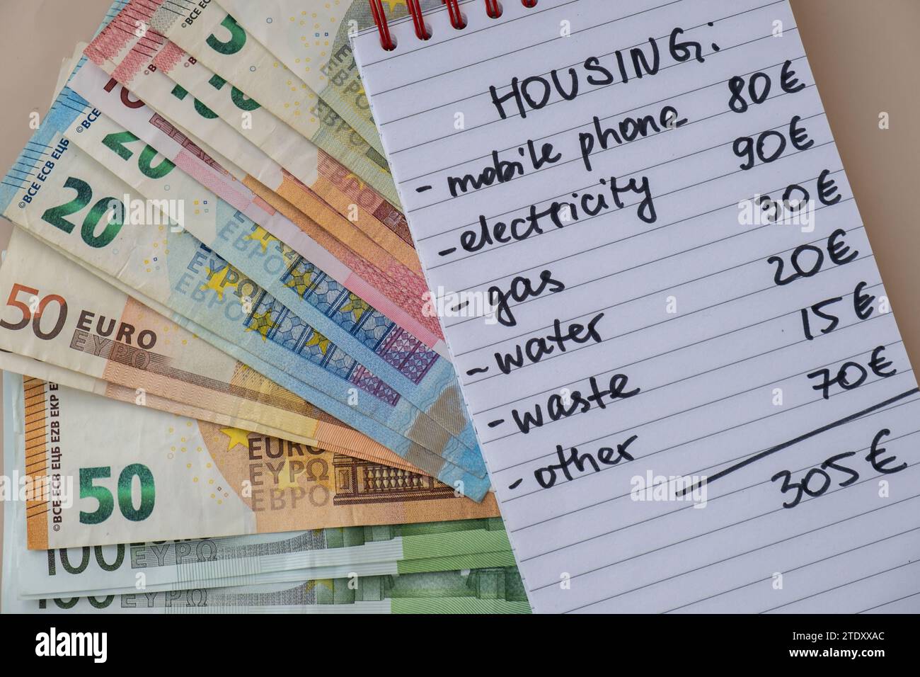 Euro cash money with notebook handwritten housing expenses. Counting ...