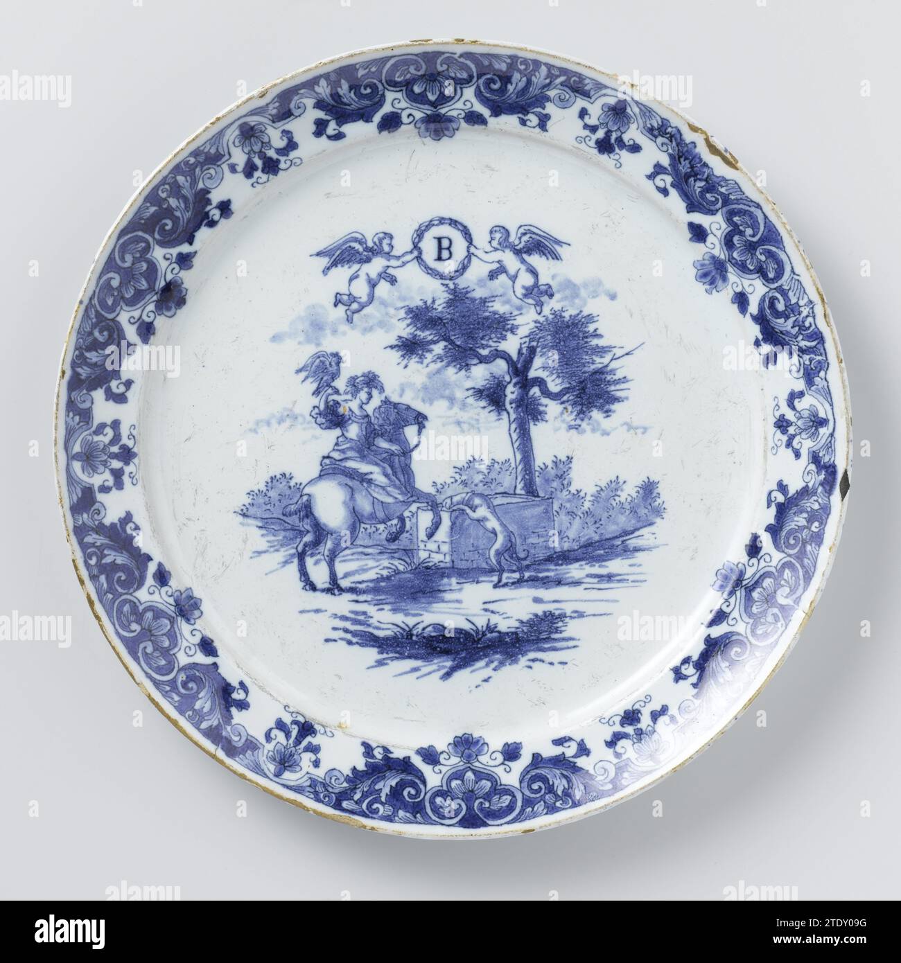 Bord, anonymous, 1850 - 1880 Fowence board. Blue painted with a lady on ...