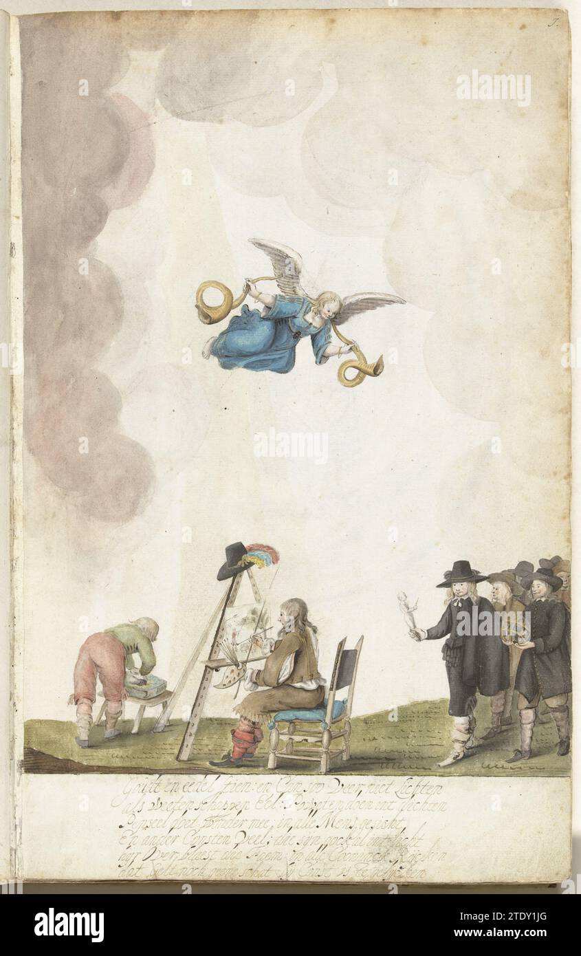 Tribute to art, c. 1652 Allegory of art. In the middle of under a man is behind an easel, to his ...