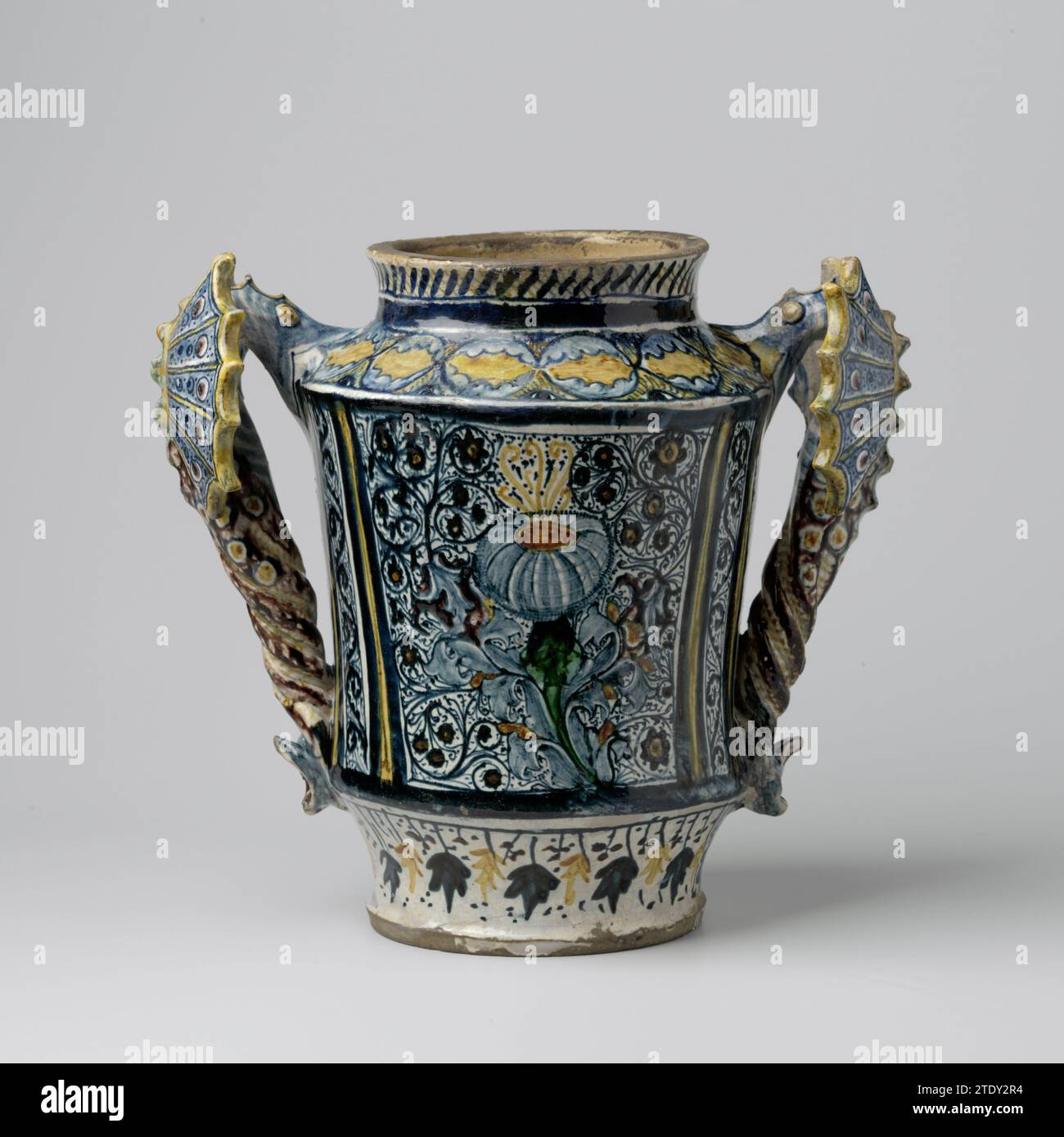 Albarello, multi -colored painted with flower vines and oval coat of ...