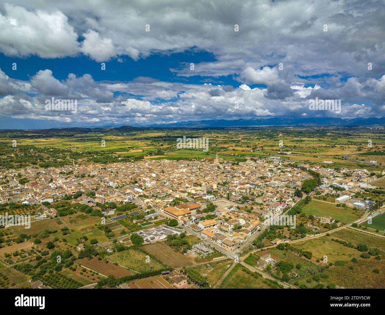 Aerial view of the town of Petra and the fields and rural surroundings ...