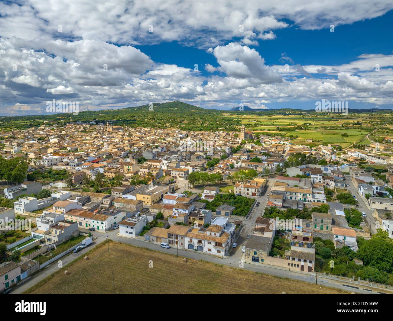 Aerial view of the town of Petra and the fields and rural surroundings ...