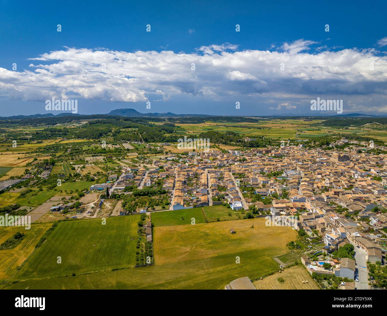 Aerial view of the town of Sant Joan in the center of Majorca (Mallorca ...