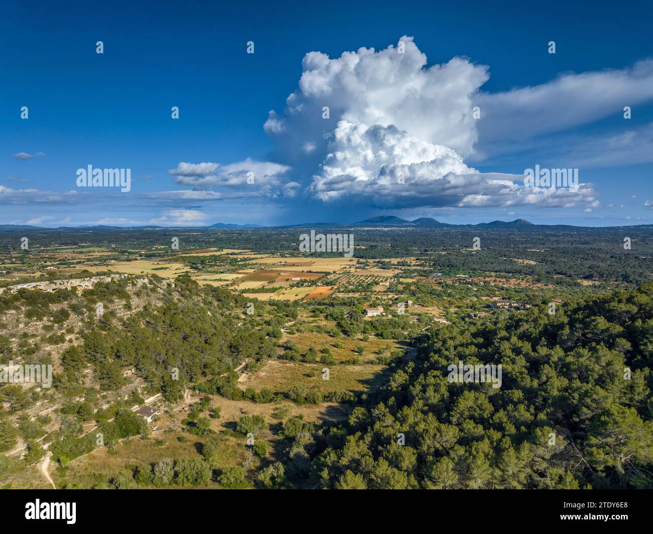 Aerial view of the town of Santa Eugènia and its surrounding fields ...