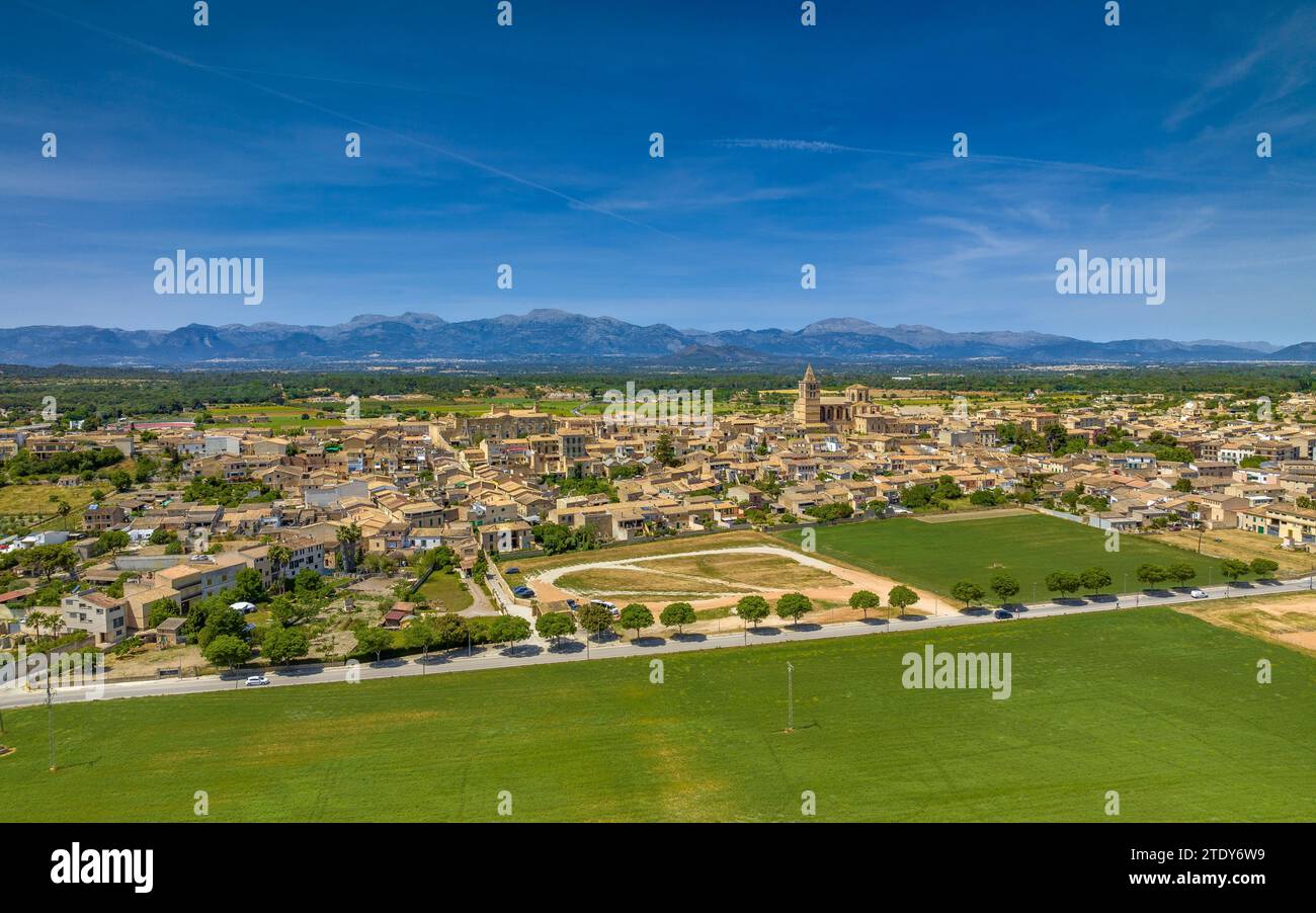 Aerial view of the town of Sineu and fields and rural surroundings in ...