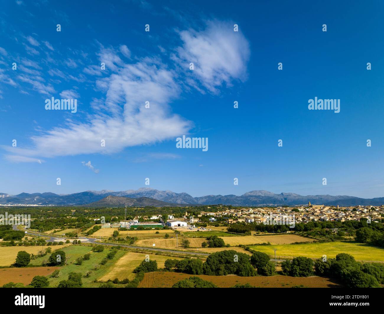 Aerial view of the town of Llubí and the fields and rural surroundings ...