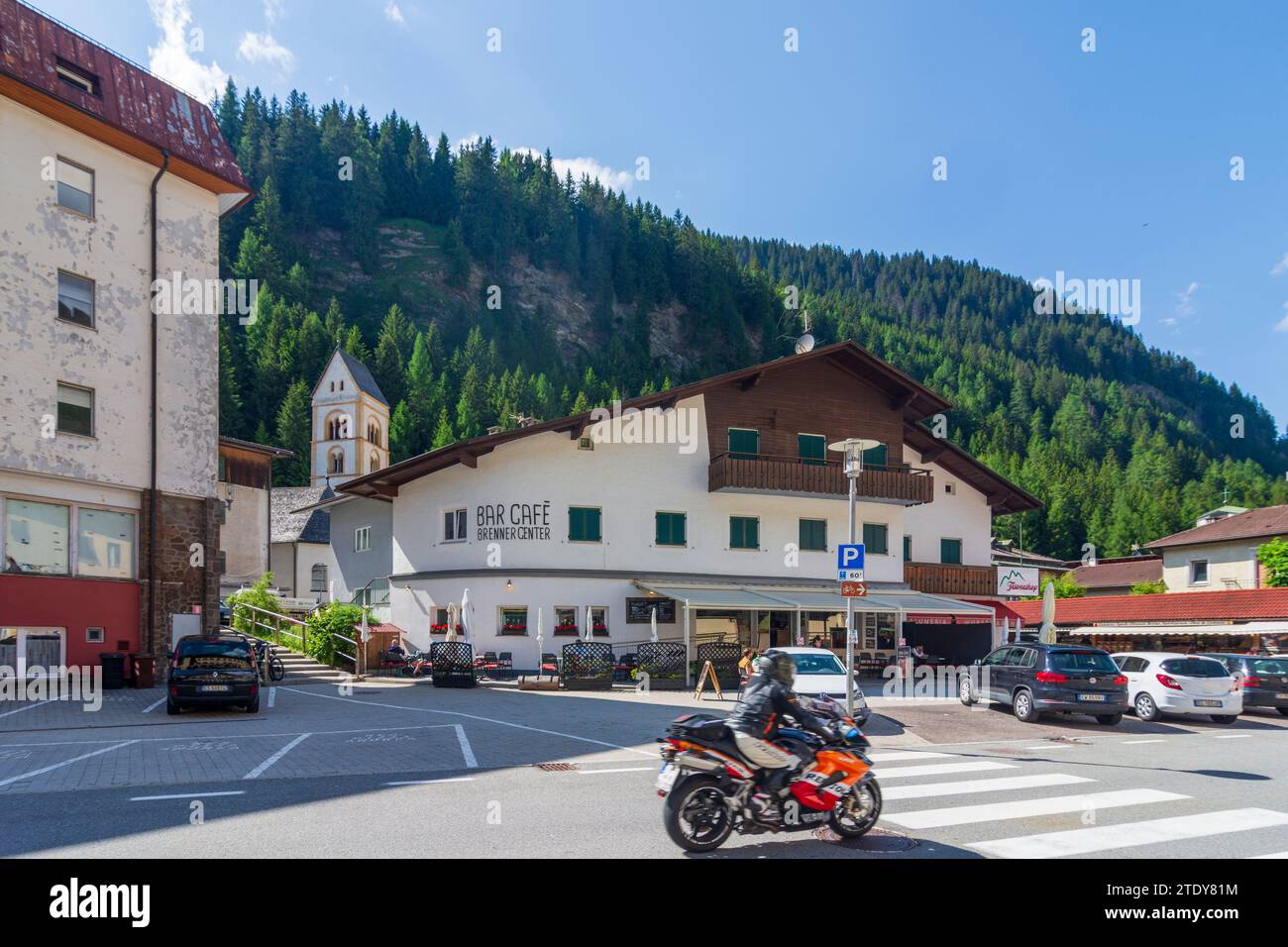 Brenner (Brennero): village center, church St. Valentin in South Tyrol ...