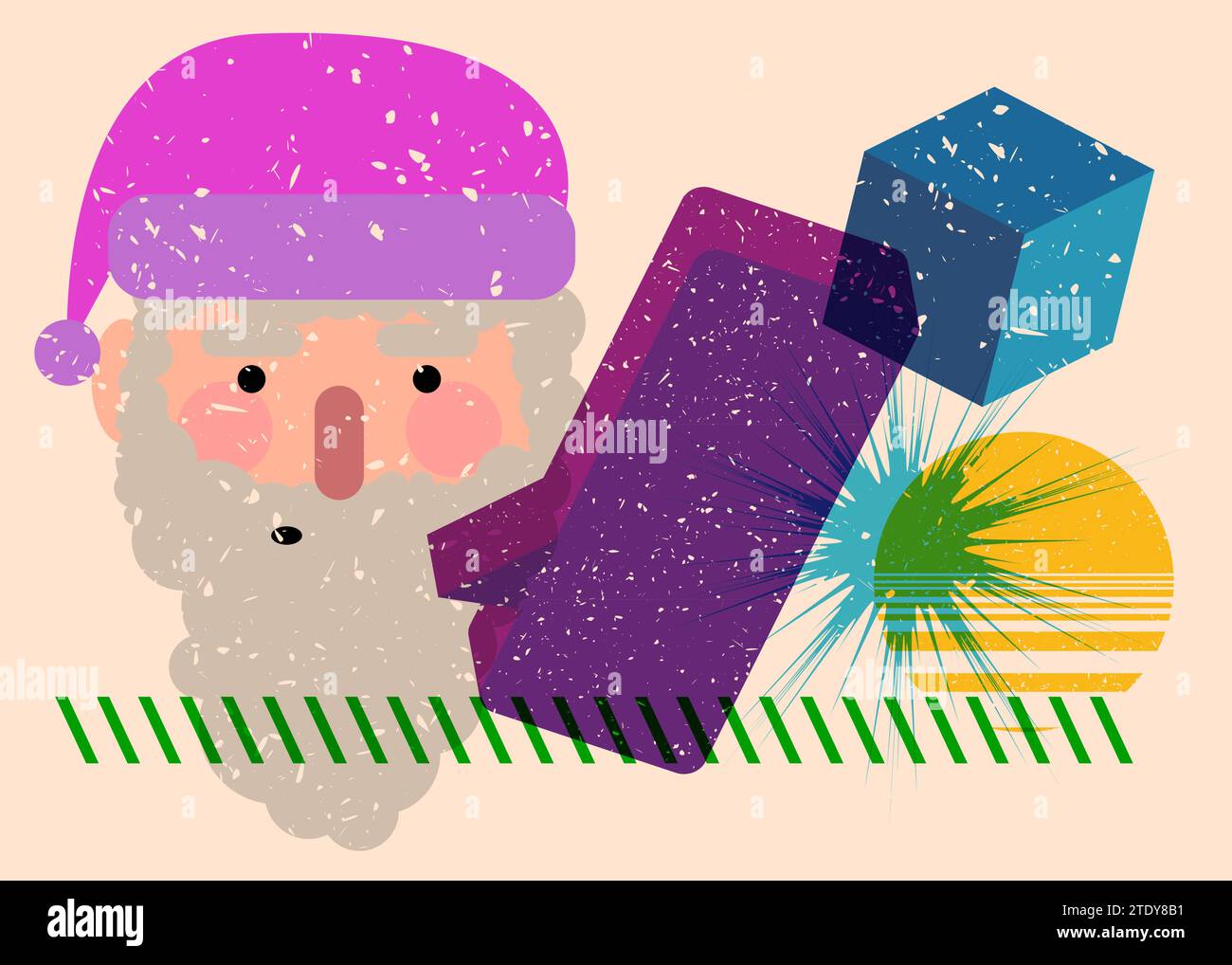 Risograph Santa Claus face, head with speech bubble with geometric ...