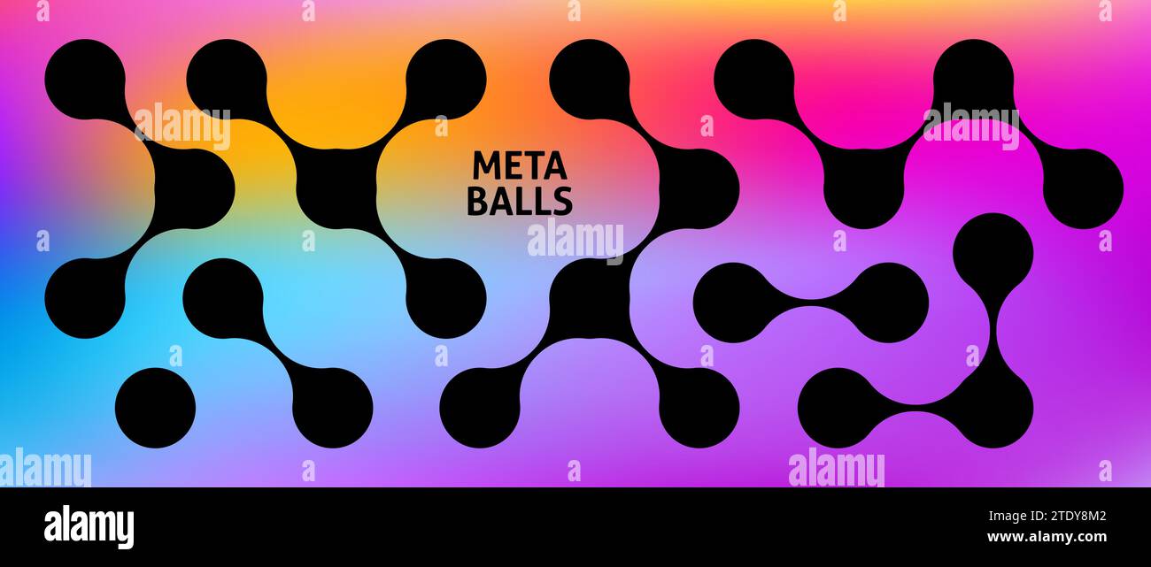 Metaball set on Iridescent background. Black connected morph dots. Liquid blob pattern ...