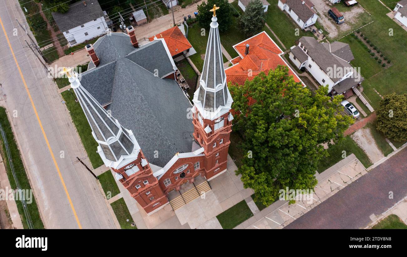 View of a historic church and buildings in downtown Topeka, Kansas, USA ...