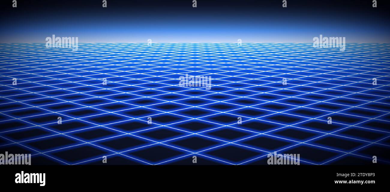 Glowing neon wireframe horizon background. Light blue grid room floor ...