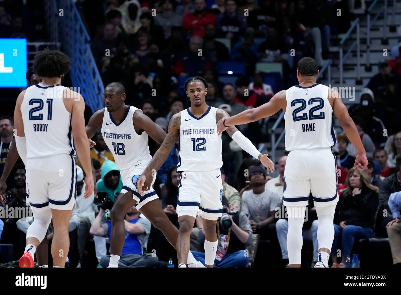 Memphis Grizzlies guard Ja Morant (12) celebrates with teammates in the ...
