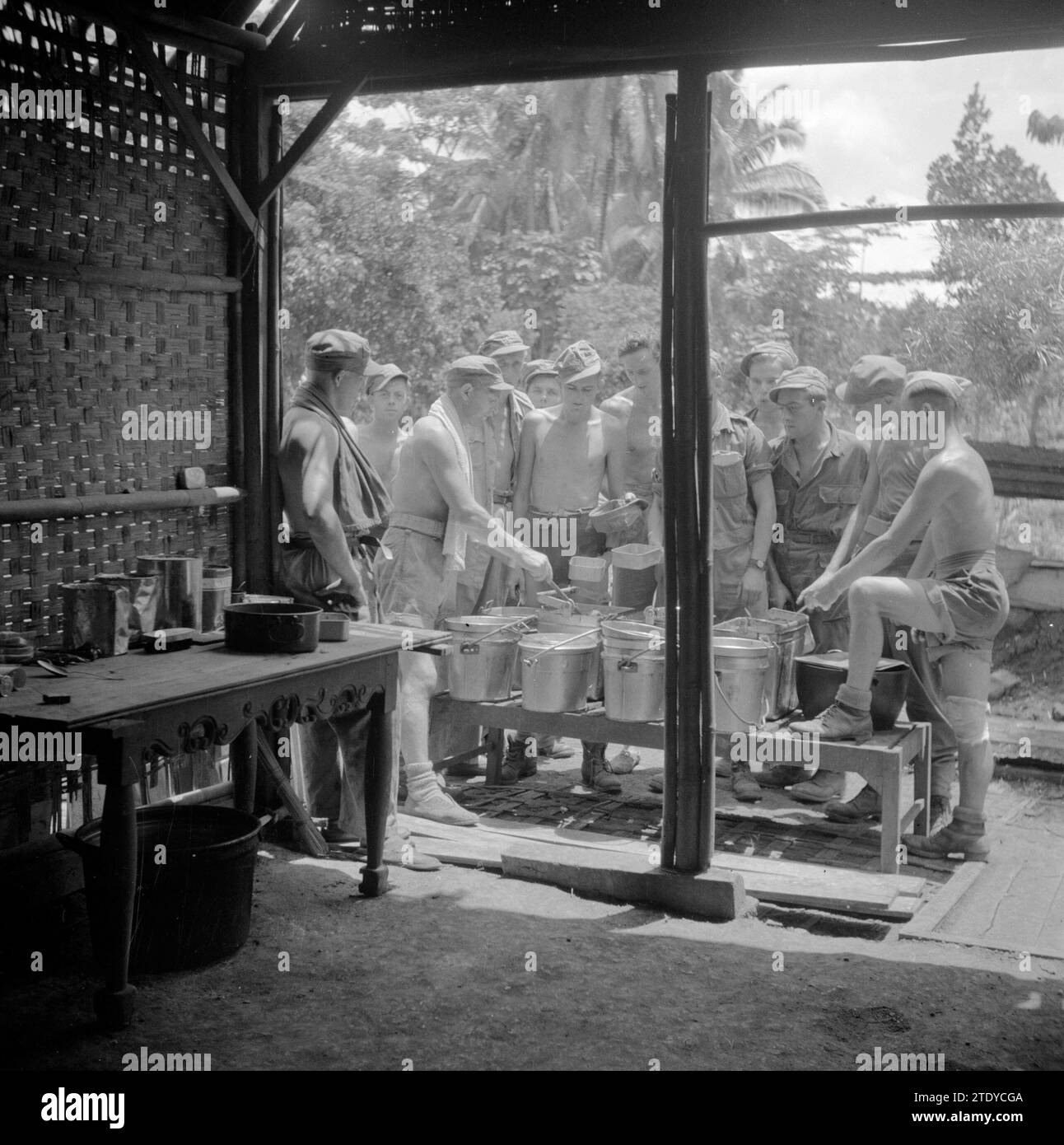 Improvised kitchen in the military camp on Java ca. March 1946 Stock ...