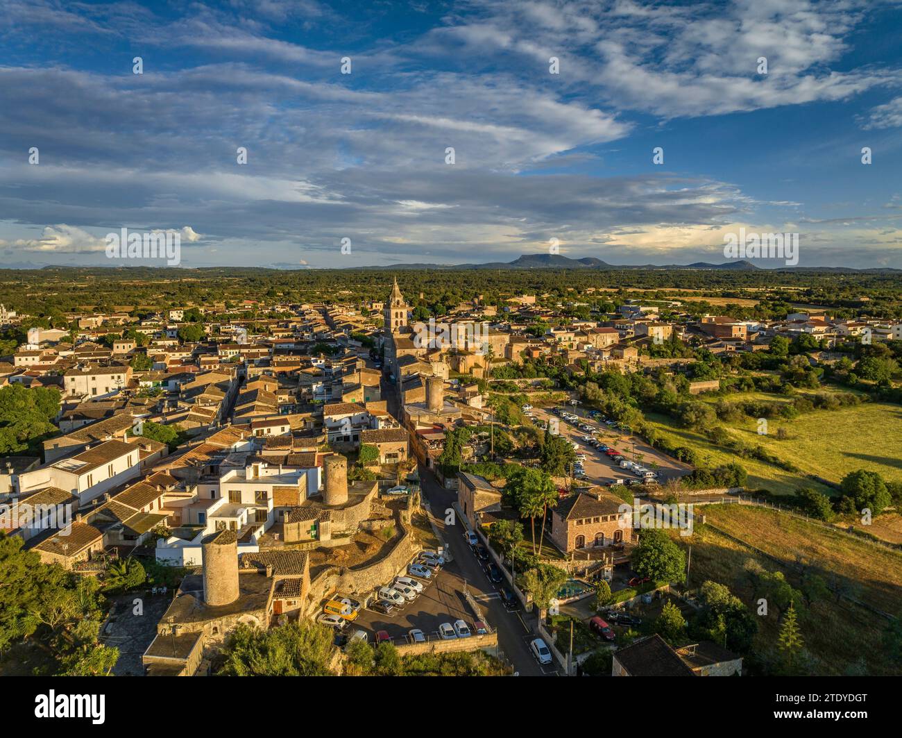 Aerial view of the village of Sencelles and its fields and rural ...
