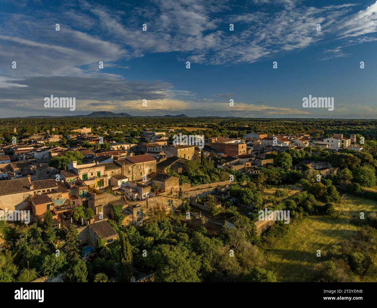 Aerial view of the village of Sencelles and its fields and rural ...