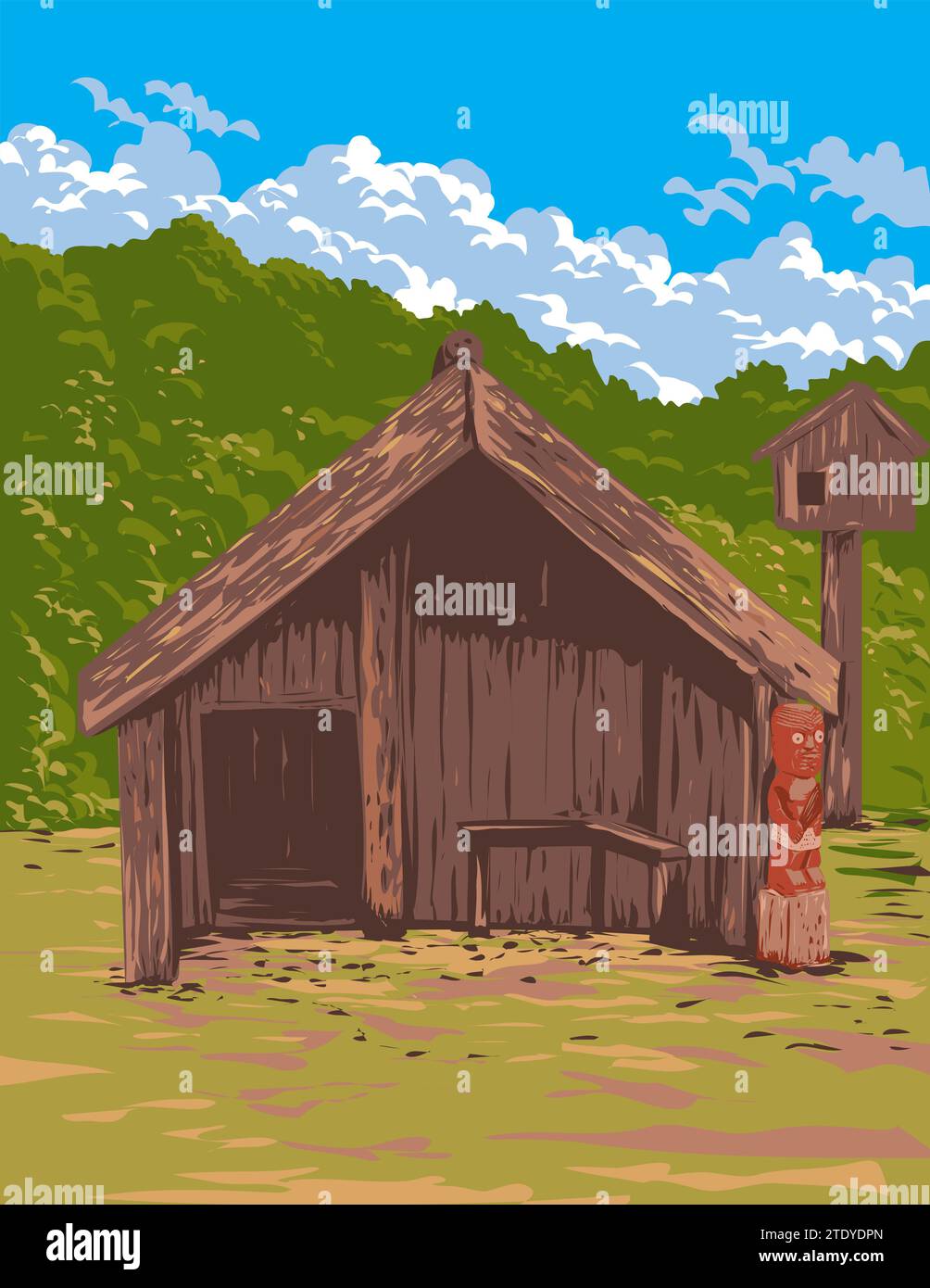 WPA poster art of Maori hut with Toi whakairo in the Living Maori ...