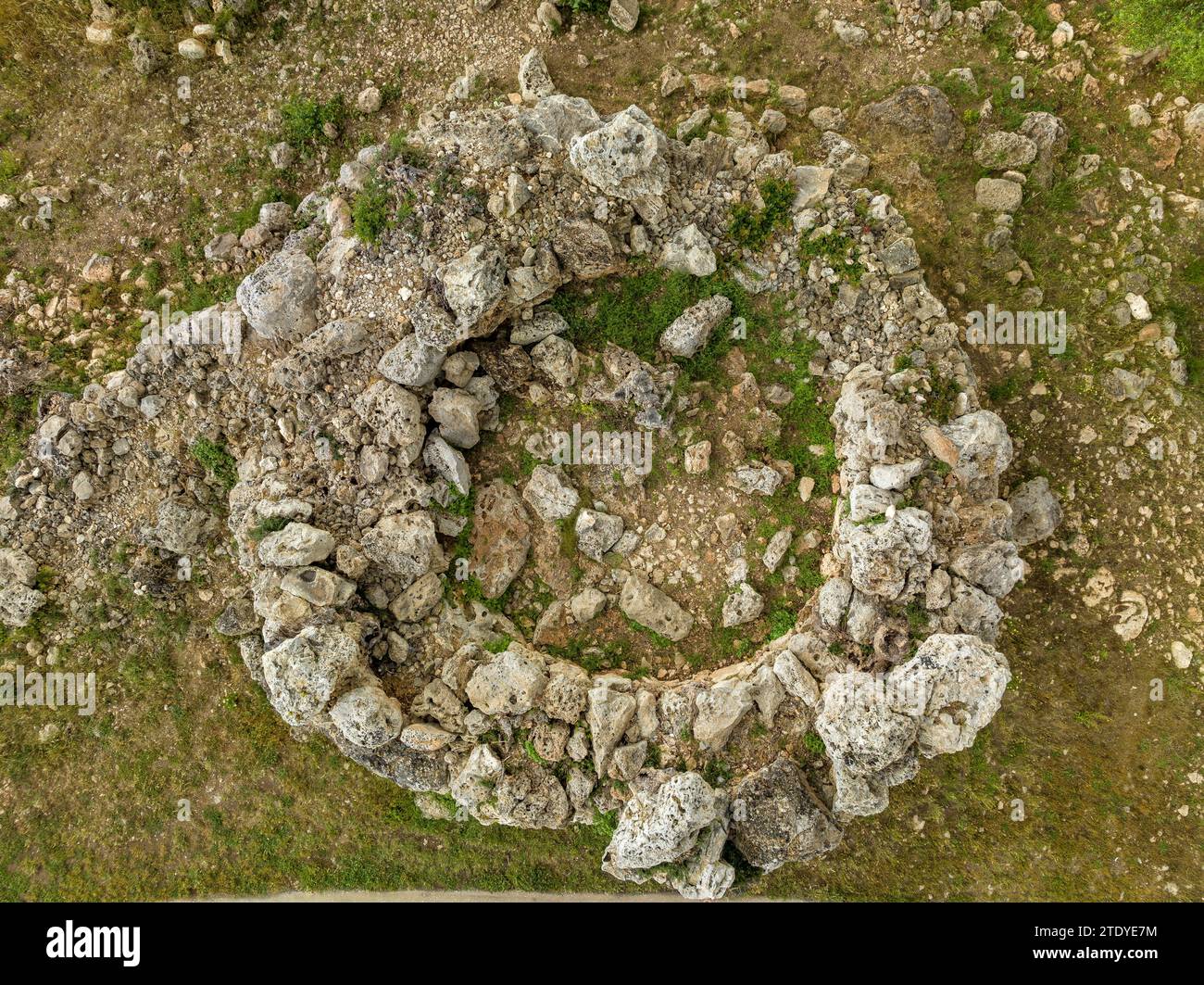 Aerial zenithal view of the Talaiot des Racons, in Llubí, with its ...