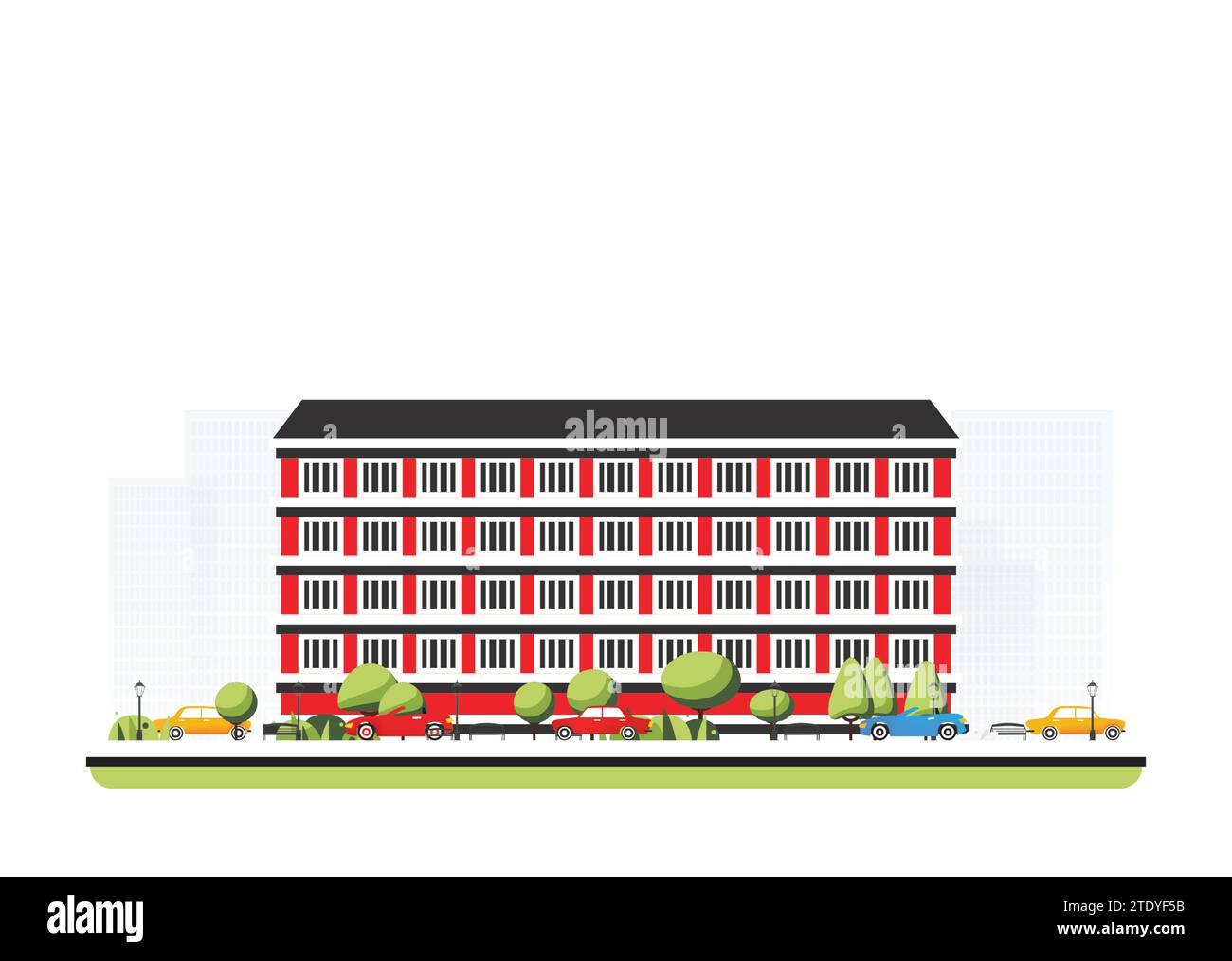 City District With Modern Building In Flat Style With Trees And Cars Vector Illustration City
